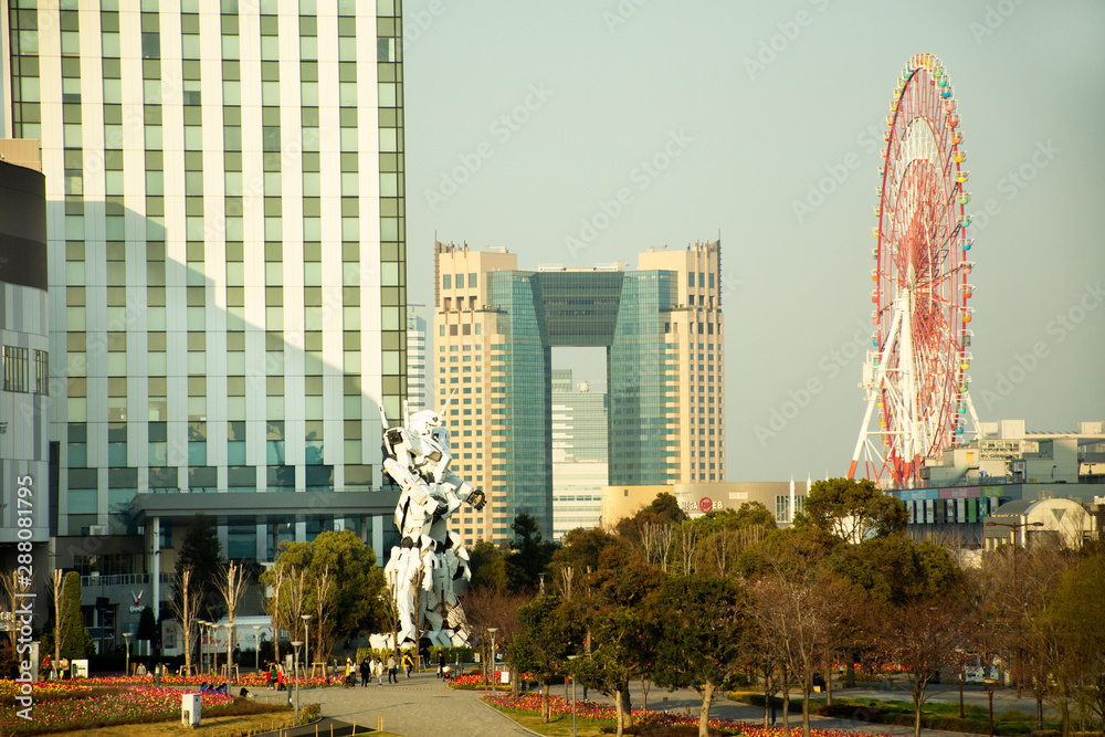 View landscape and cityscape Odaiba downtown from MRT train Rinkai Line ...