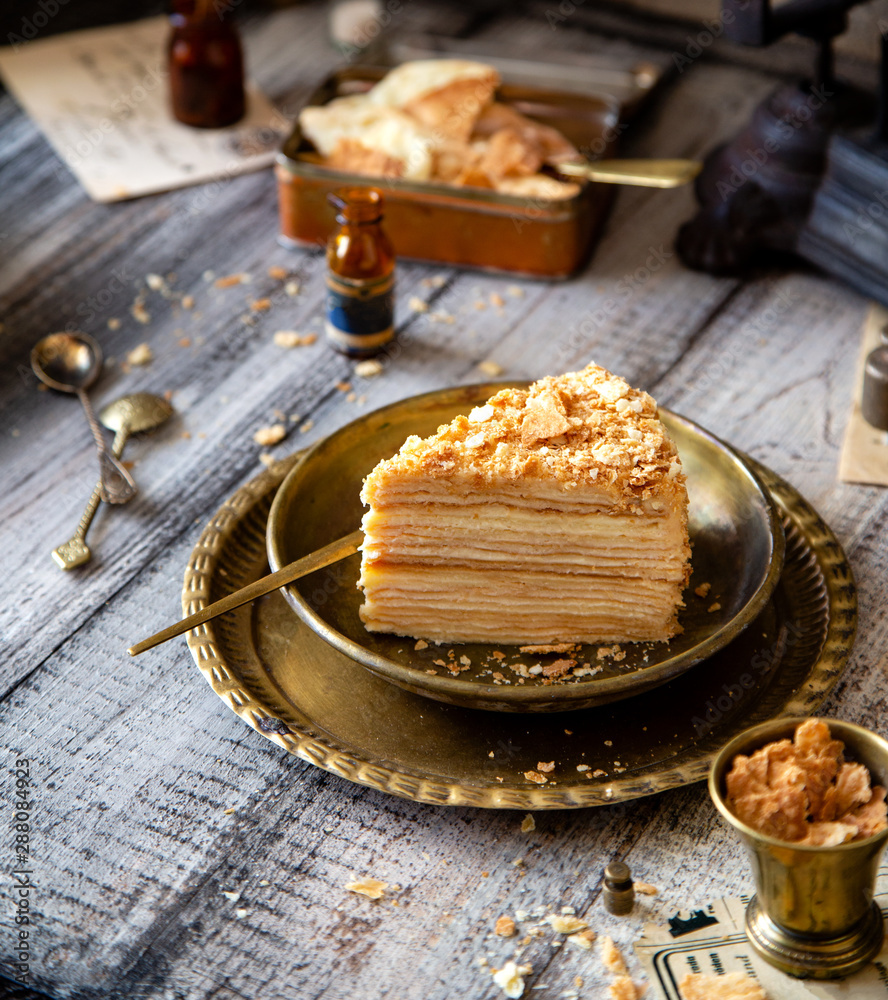 tasty slice of homemade creamy layered traditional russian cake ...