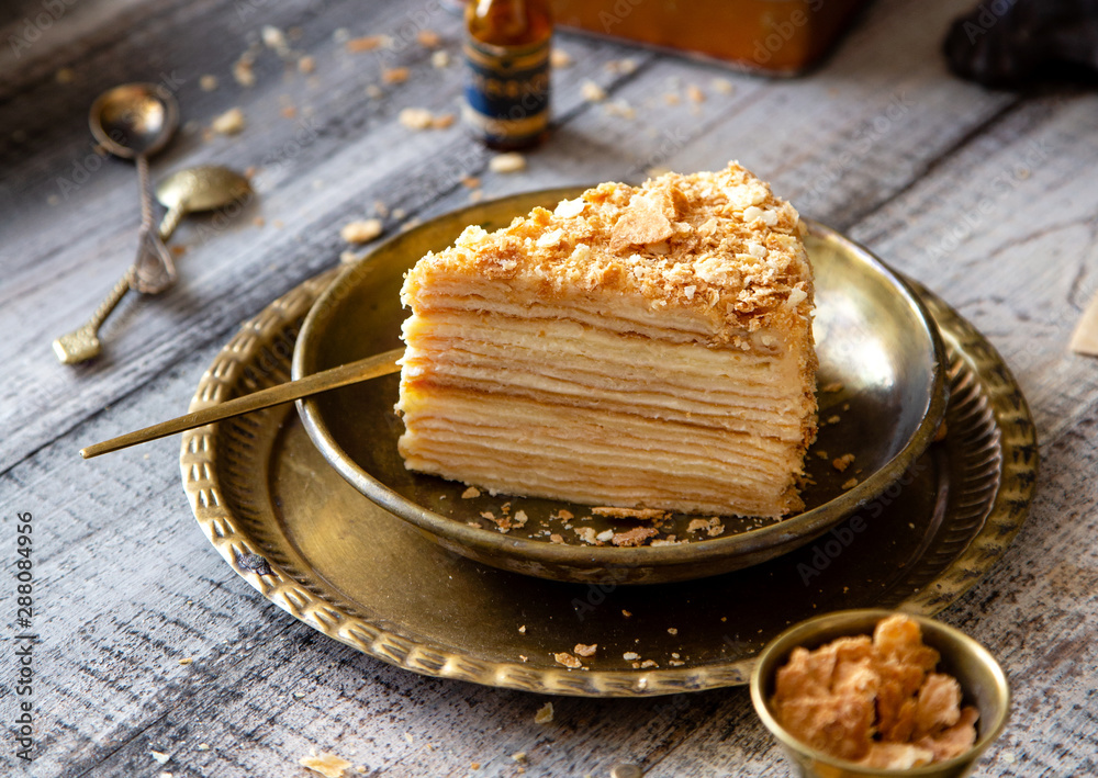 tasty slice of homemade creamy layered traditional russian cake ...