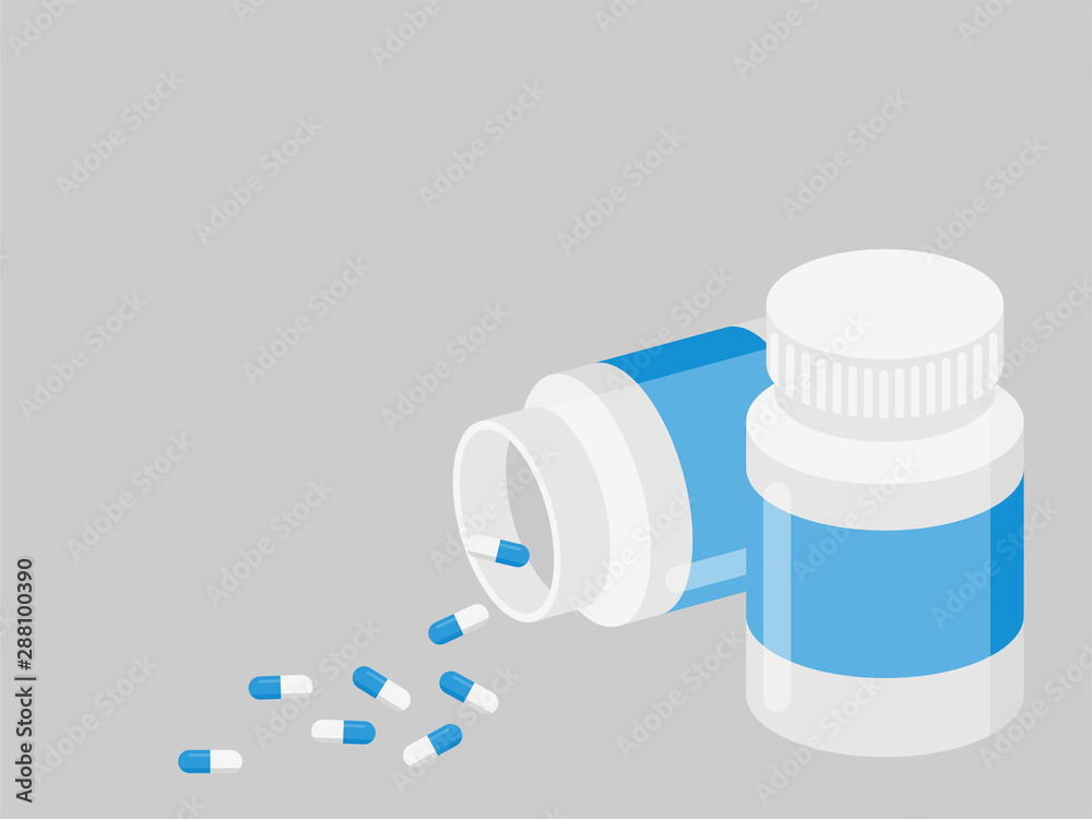 Group of Medicine white blue pills and bottles, pharmacy, tablet ...
