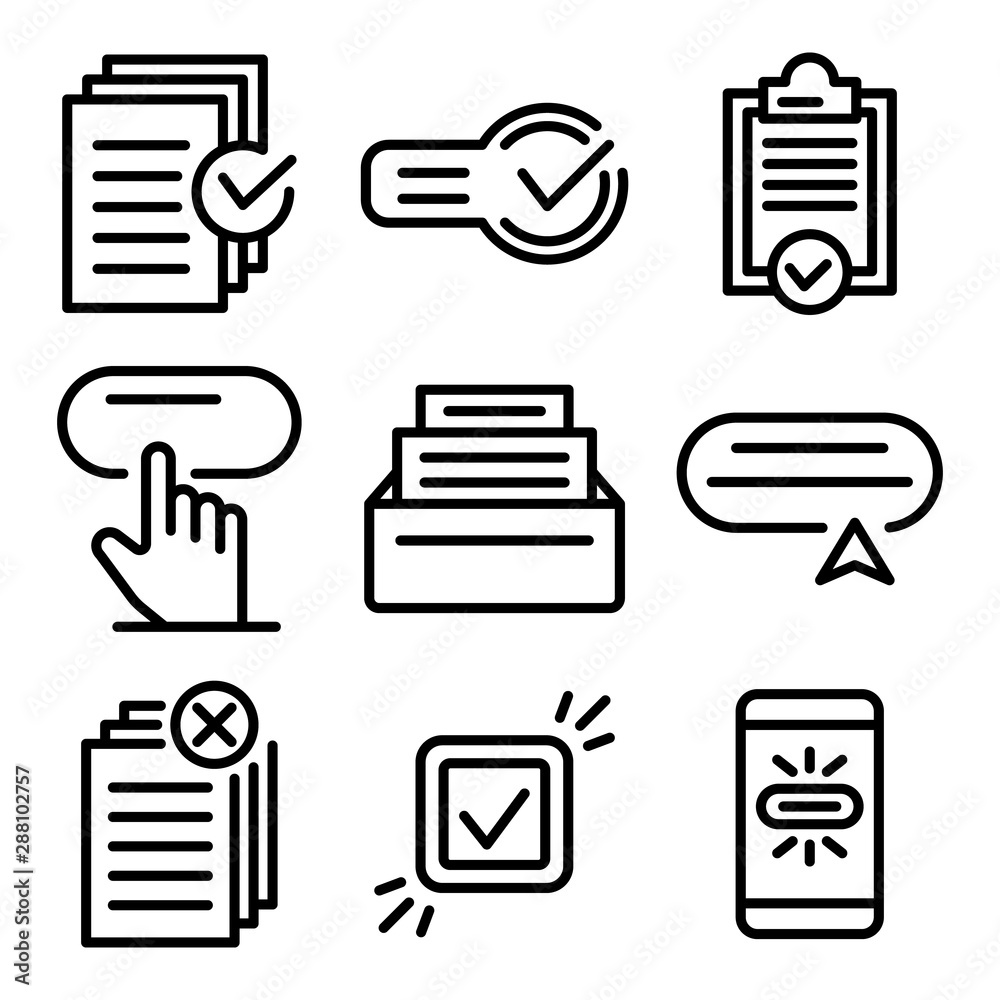 Request icons set. Outline set of request vector icons for web design ...