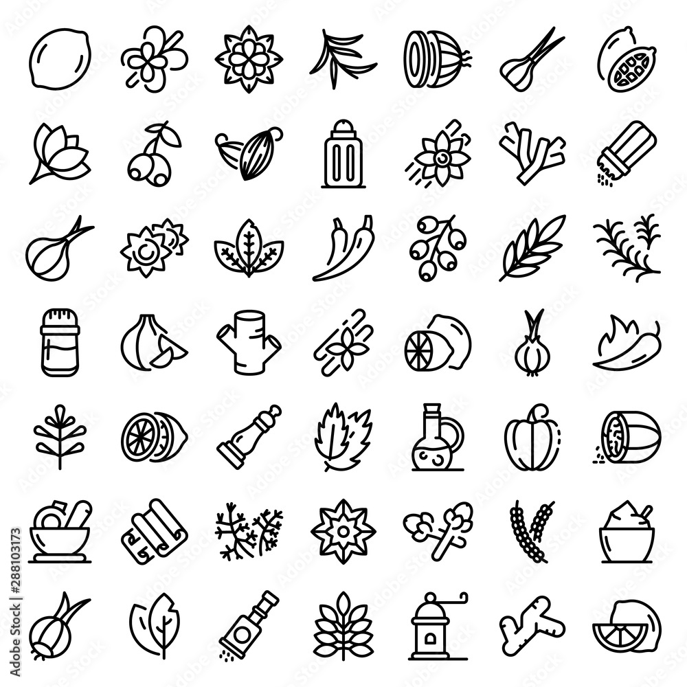 Condiment icons set. Outline set of condiment vector icons for web ...