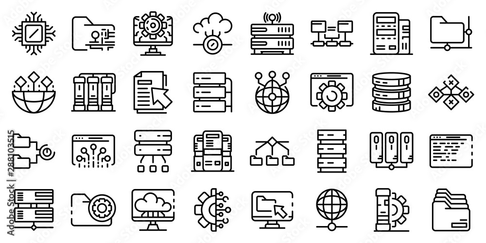 Data center icons set. Outline set of data center vector icons for web ...