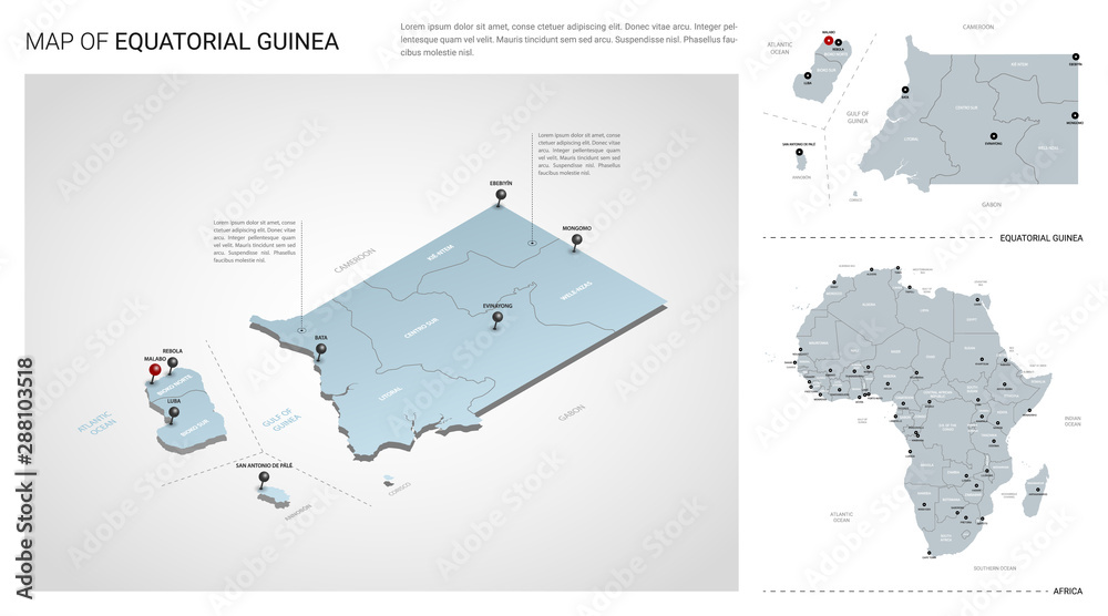Vector set of Equatorial Guinea country. Isometric 3d map, Equatorial ...