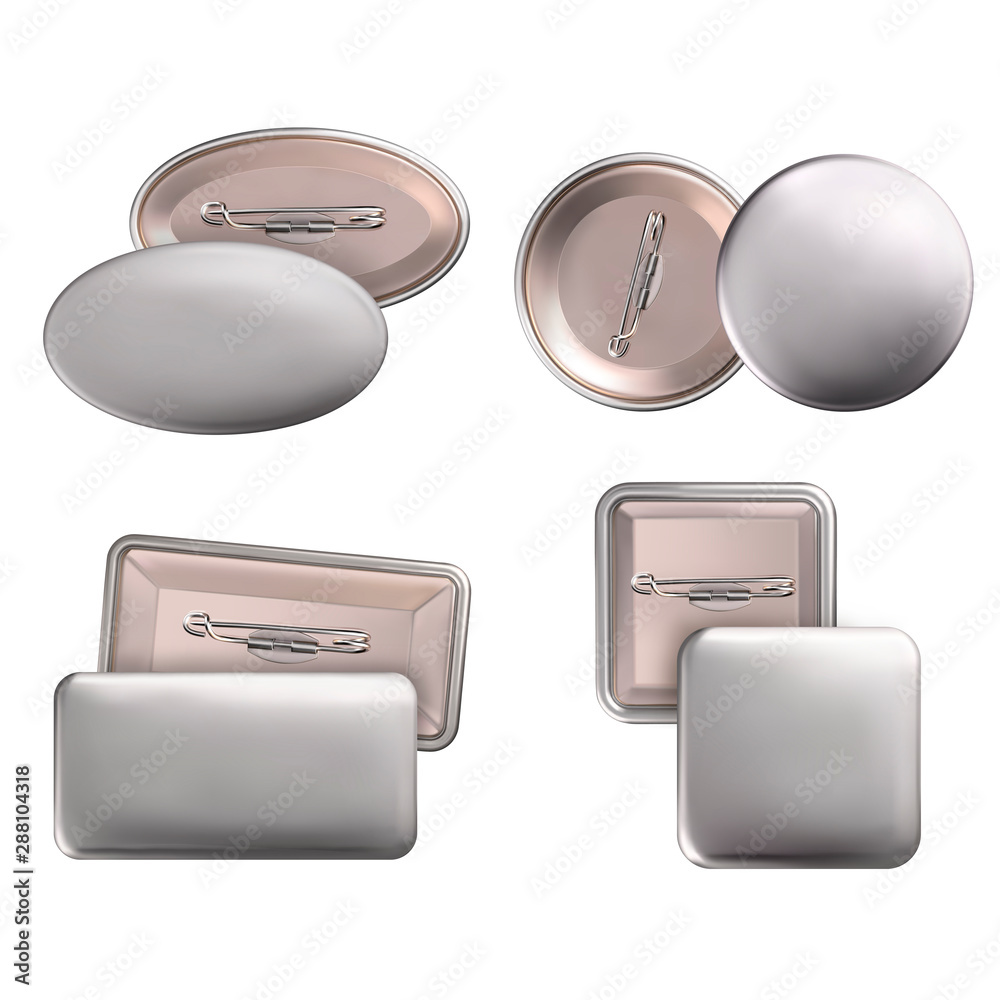 Vector. Mock Up. Set badge pin brooch of round, rectangular, oval ...