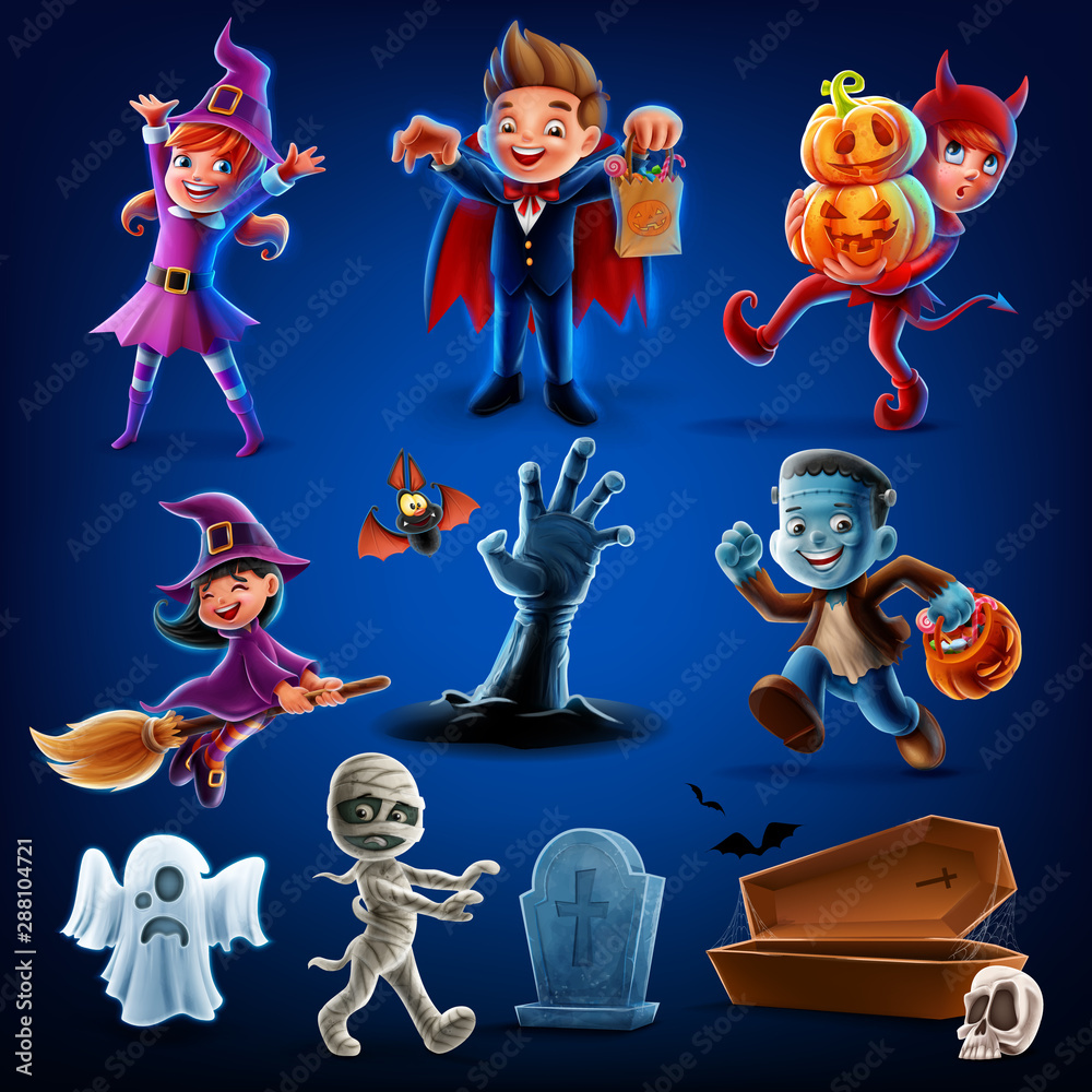 set of cartoon characters halloween Stock Vector | Adobe Stock