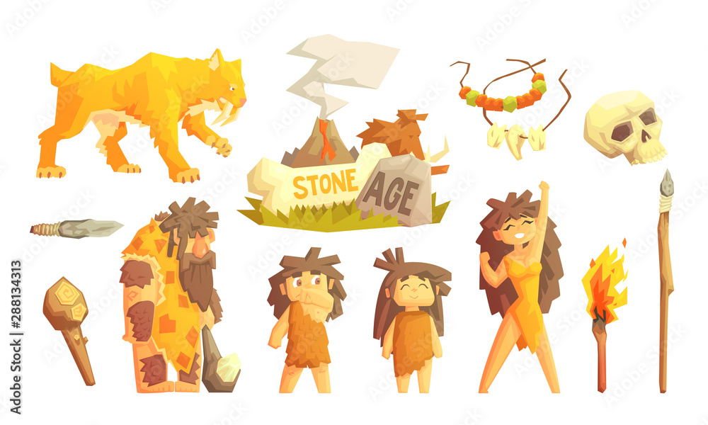 Primitive People and Stone Age Symbols Set, Prehistoric Family, Saber ...