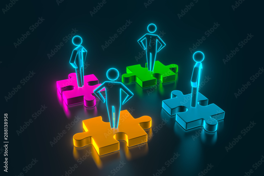 Four 3d man are standing on pieces of the puzzle. Teamwork concept. 3d ...
