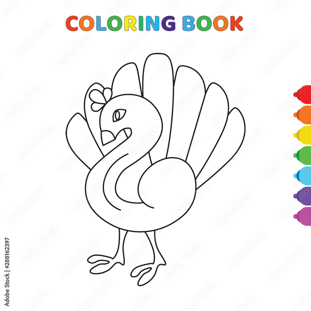 cute cartoon turkey animal coloring book for kids. black and white ...