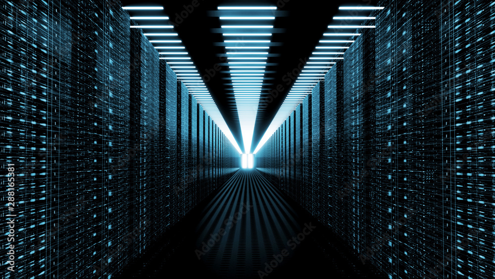 3D Rendering of data center room with abstract data servers and glowing led indicators, abstract ...