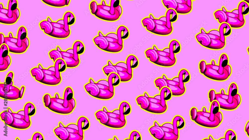 Seamless funny animation of sketch flamingo inflatable rings on a pink ...