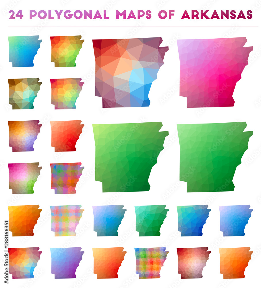 Set of vector polygonal maps of Arkansas. Bright gradient map of us ...