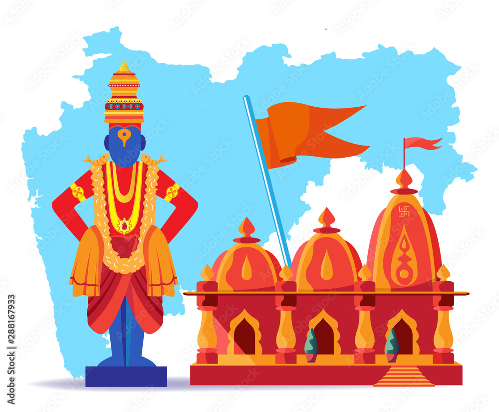 indian god vitthall - pandurang with temple and maharastra map Stock ...