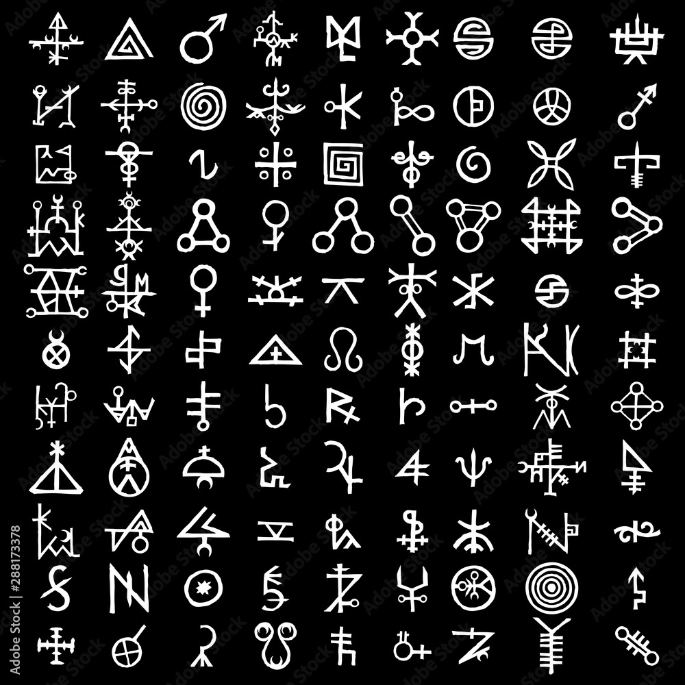 Large set of alchemical symbols on the theme of old manuscript with ...