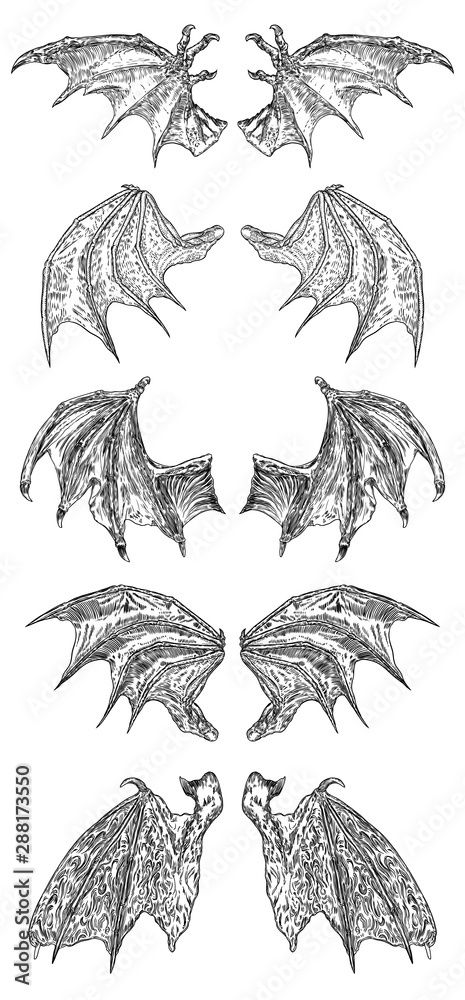 Set of hand drawn vintage etched woodcut fallen angel or vampire ...