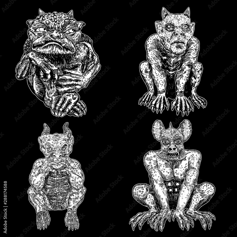 Set of demon vampires, human like monsters creatures chimera with fangs ...