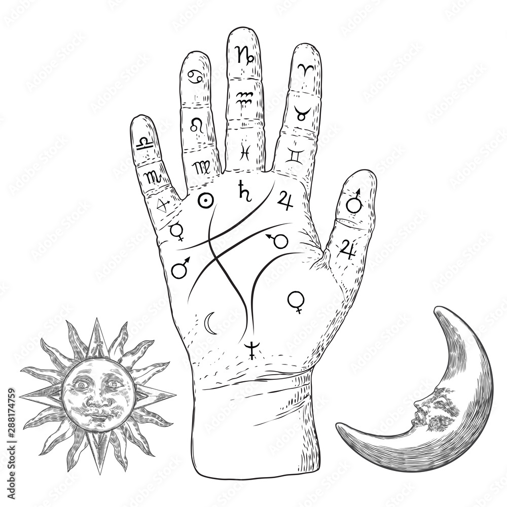 Palmistry. Esoteric occult symbols on hand, palm of prophecy or reading ...