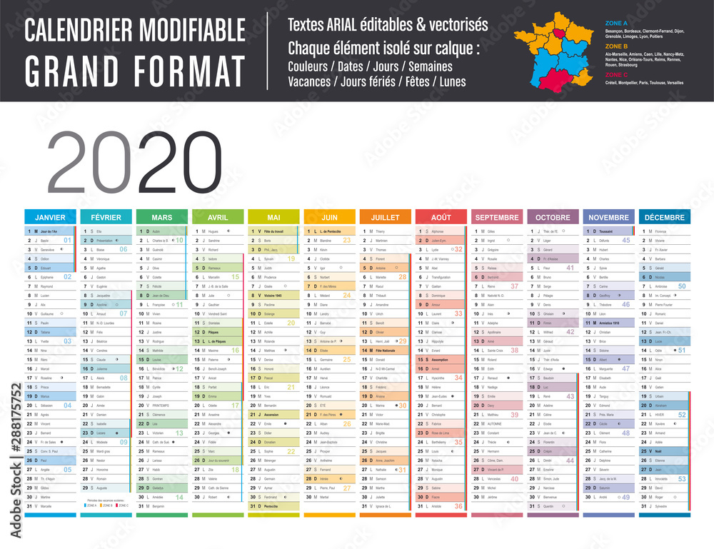 Vecteur Stock Calendrier 2020 modifiable - Grand format | Adobe Stock