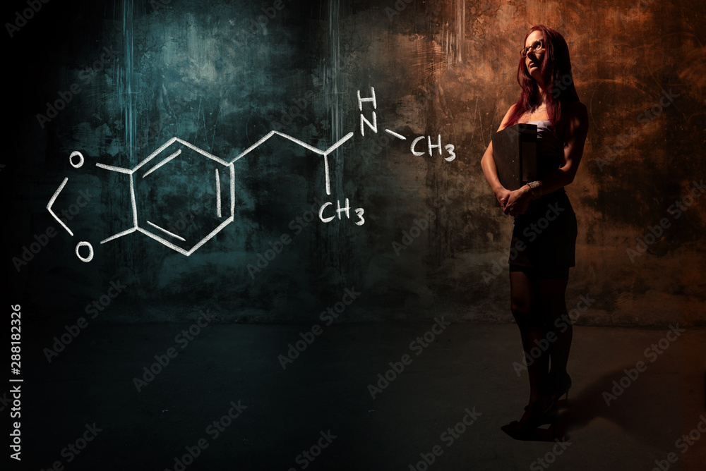 Sexy girl or secretary or female student presenting handdrawn chemical ...