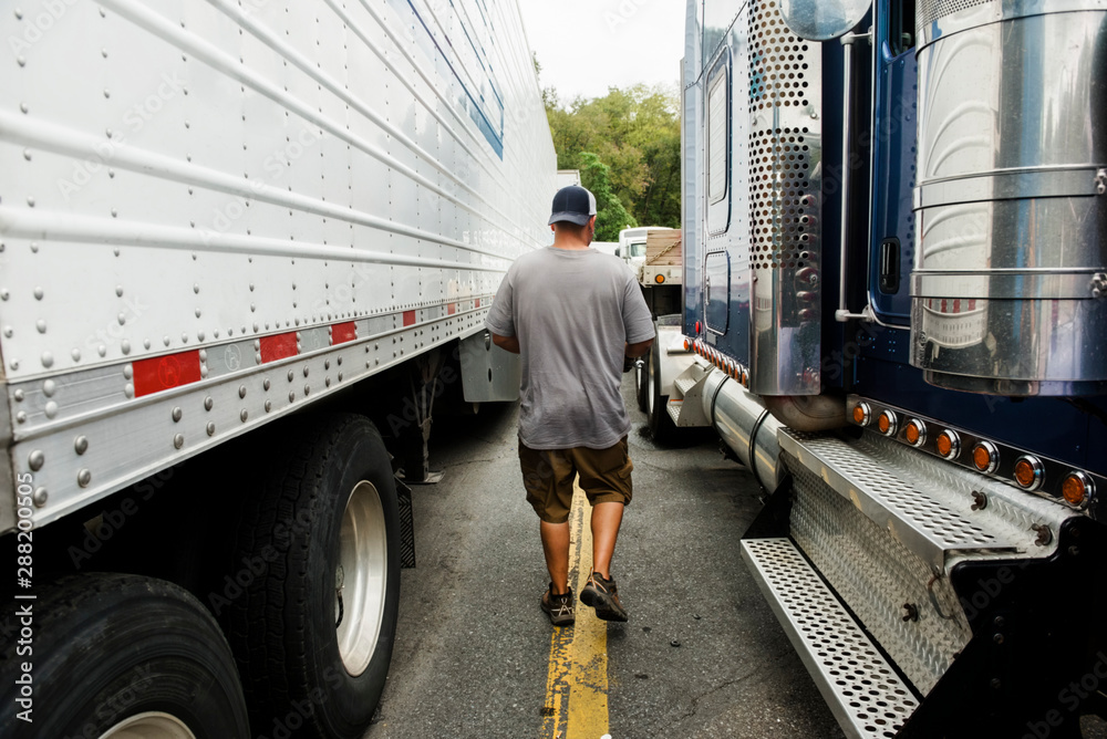Truck driver walking between trucks Stock Photo | Adobe Stock