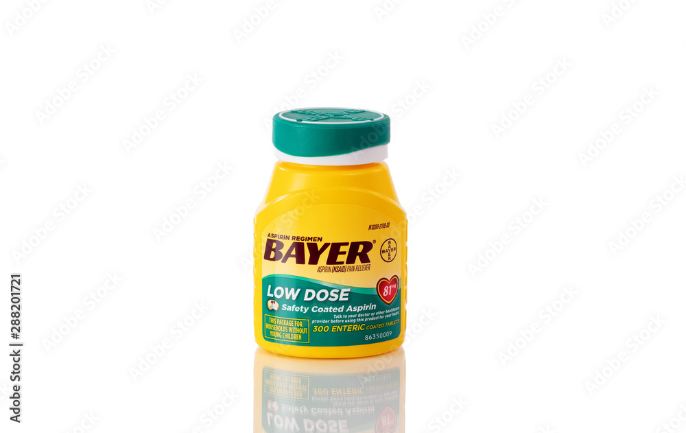 Bayer Aspirin in plastic bottle isolated on white background with ...