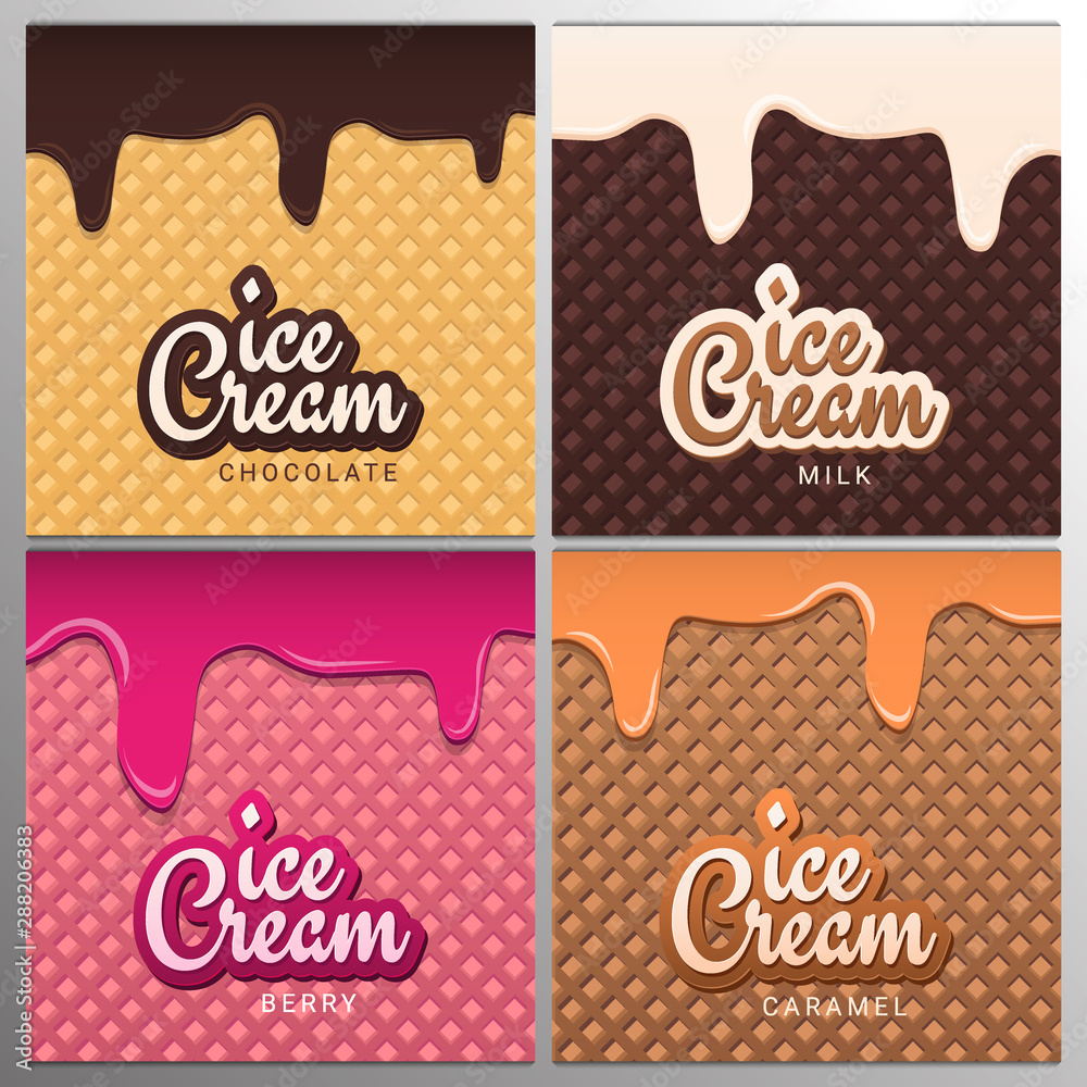 Set of Ice Cream banners with wafer background. Cafe menu, ice cream ...