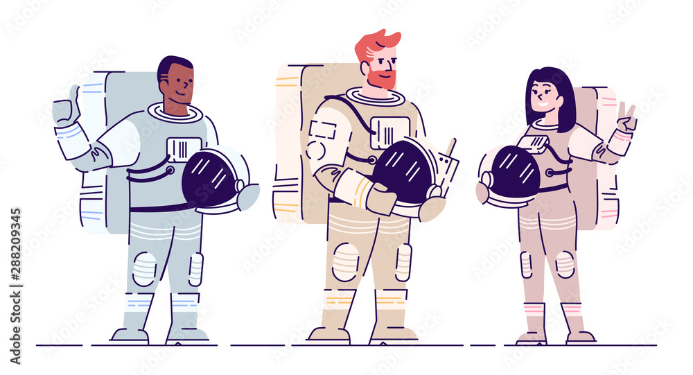 Astronauts in spacesuits flat vector illustration. International ...