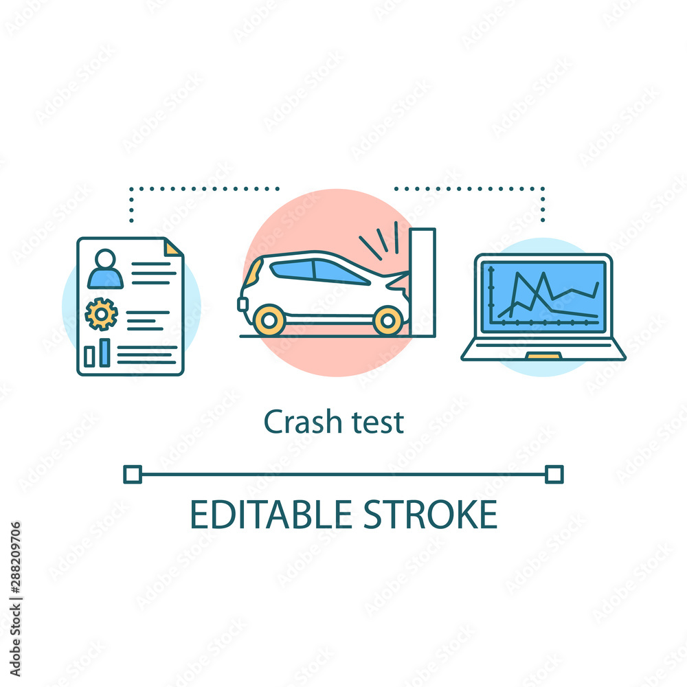 Crash test concept icon. Frontal-impact test research and conclusion ...