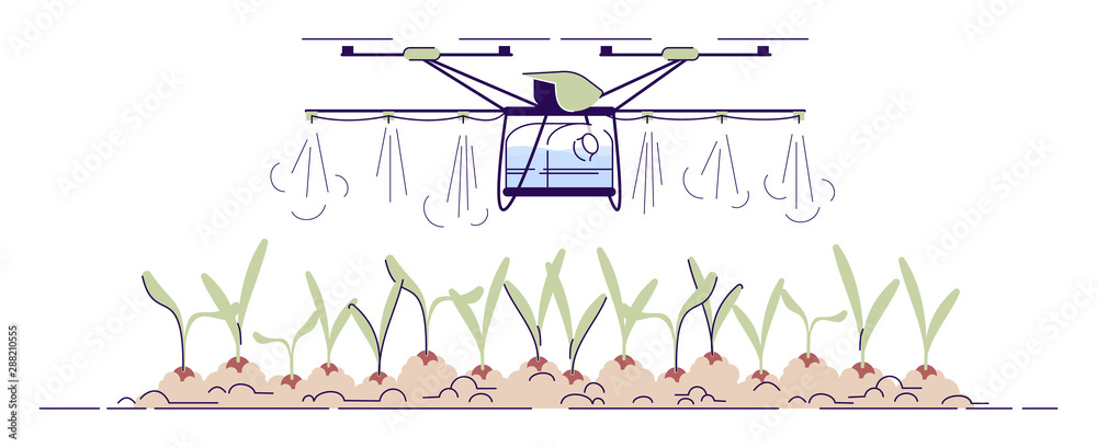Agricultural irrigation drone flat vector illustration. Cartoon crop ...