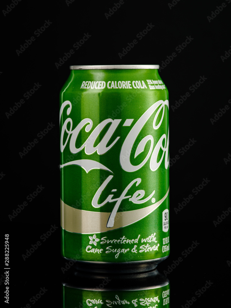 MINSK, BELARUS - JUNE 7, 2018: Can of Coca-Cola Life. Coca-Cola is a ...