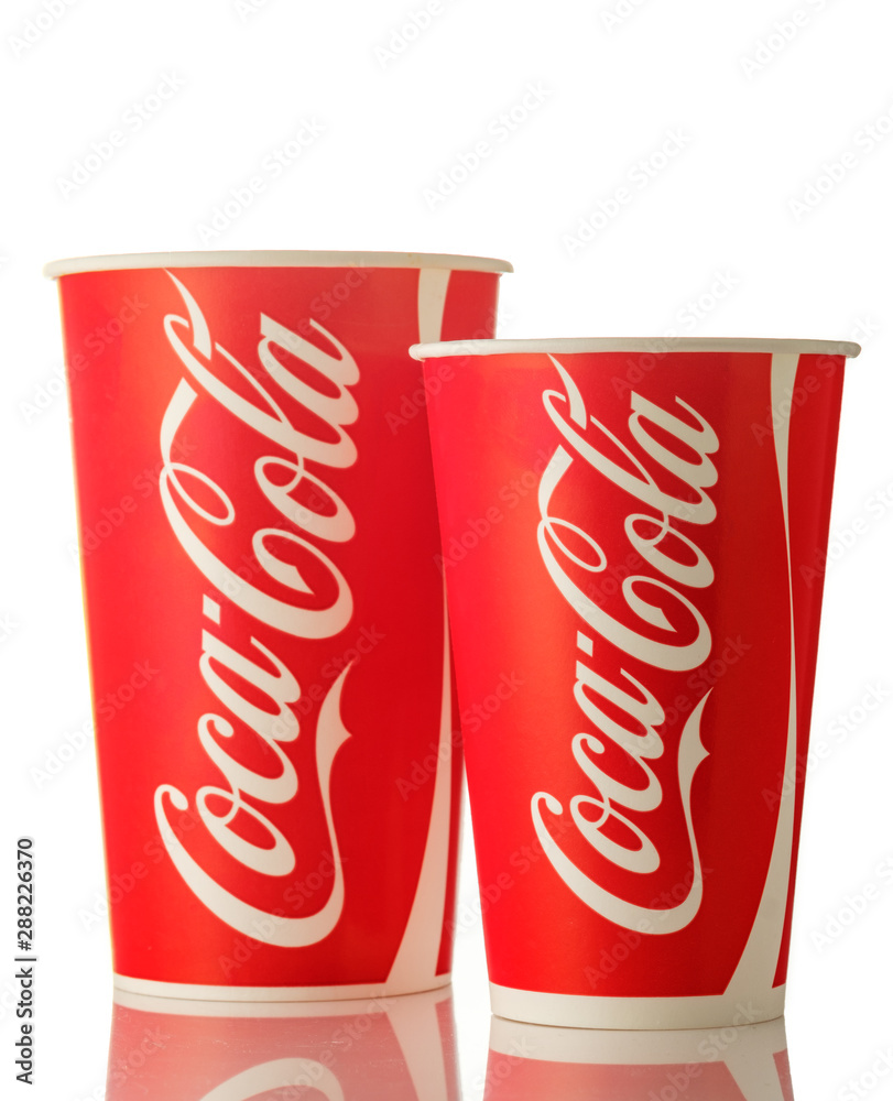 MINSK, BELARUS-APRIL 19, 2018: Paper cups of Coca-Cola. Coca-Cola is a ...