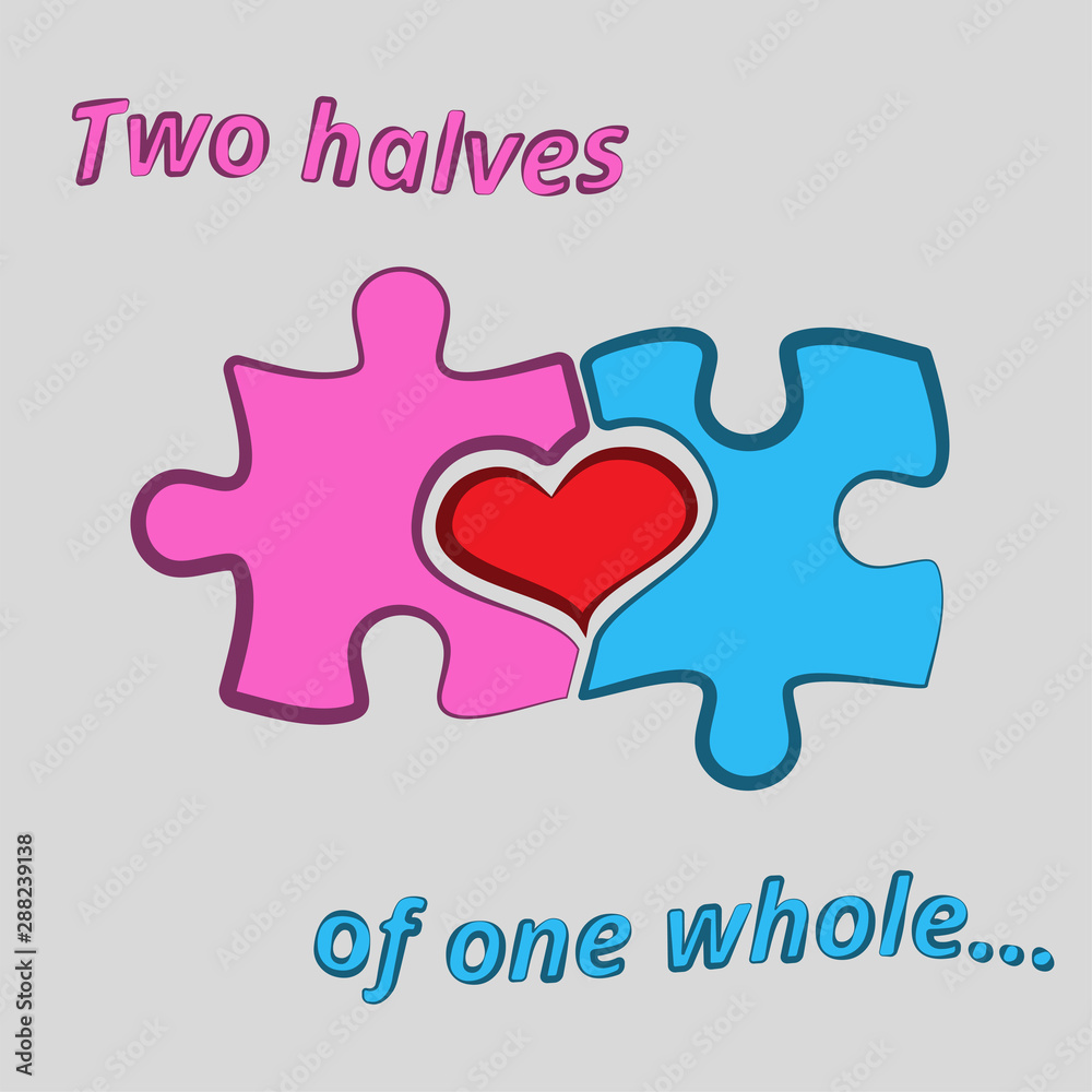 Two jigsaw puzzle pieces with heart between them. Two halves of the ...