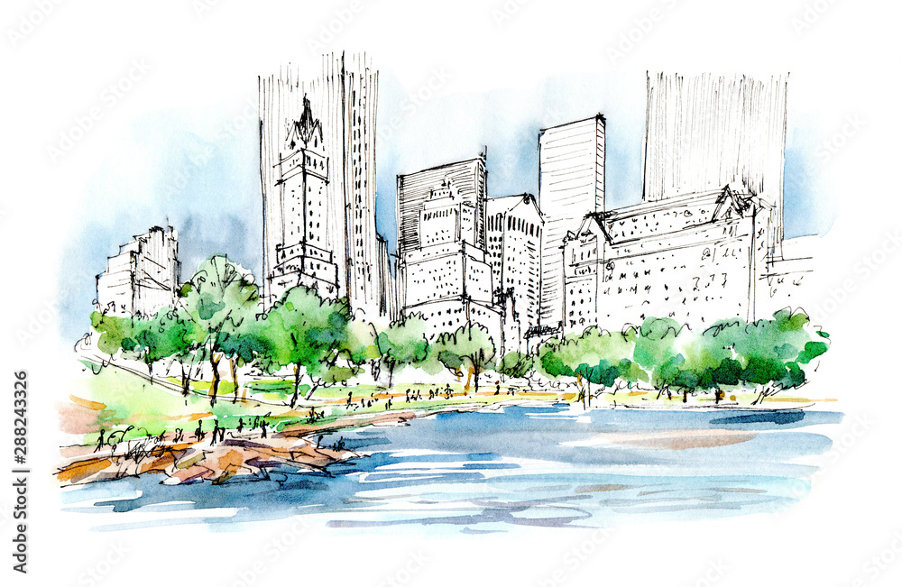 The Pond park and skyscrapers.Central park in summer.City landscape of a lake and trees ...