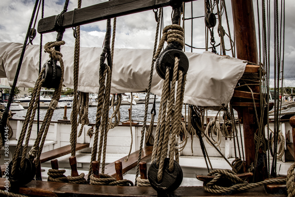 rigging, boom and sails on the deck of a tall ship Stock Photo | Adobe ...