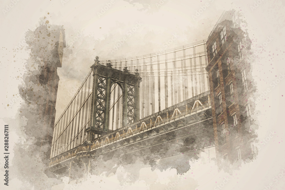 Digital Watercolor Dumbo view point which can see Manhattan bridge with ...