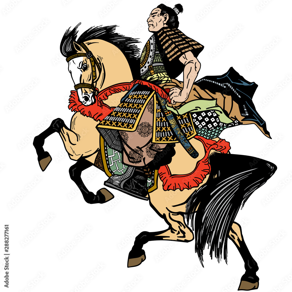 Asian cavalry warrior. Japanese Samurai horseman sitting on horseback ...