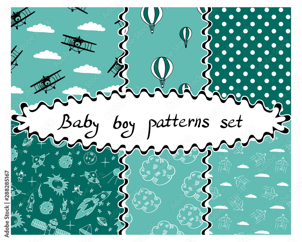 Baby boy seamless patterns set. Repeated ornaments collection with ...