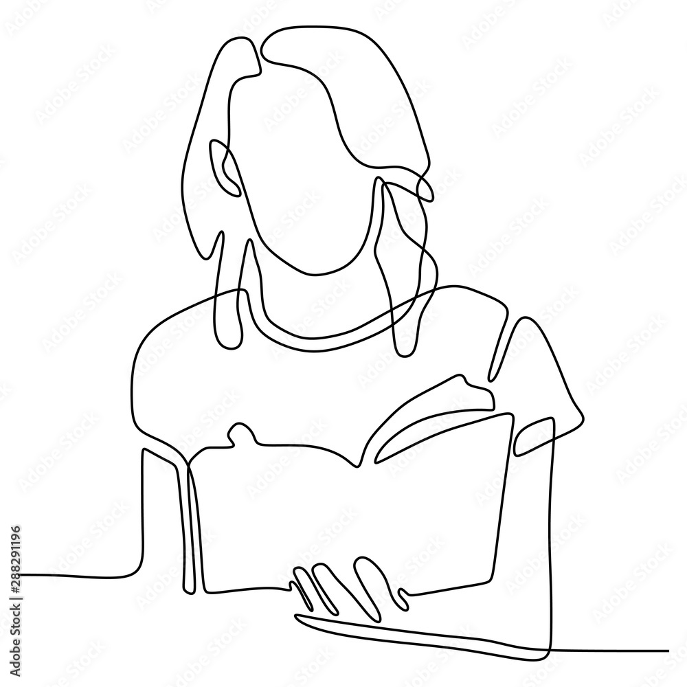 Continuous one line drawing teenager girl reading book vector ...
