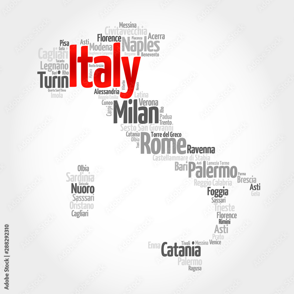 List of cities in Italy, map silhouette word cloud, travel concept ...
