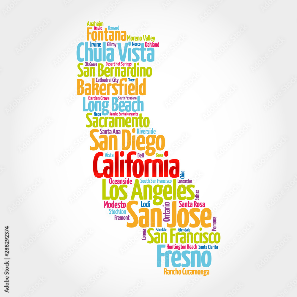 List of cities in California USA state, map silhouette word cloud map ...