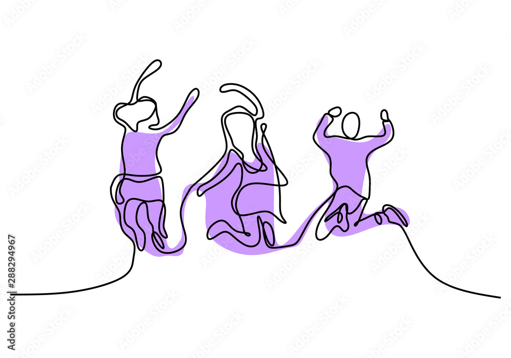 Continuous line drawing happy kids jump minimalist design one hand ...