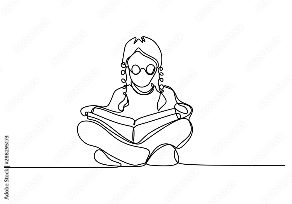 continuous line drawing of children sitting reading books for study ...