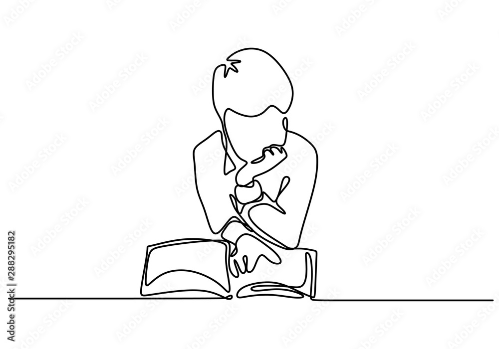 continuous line drawing of kids reading books for study. Educational ...