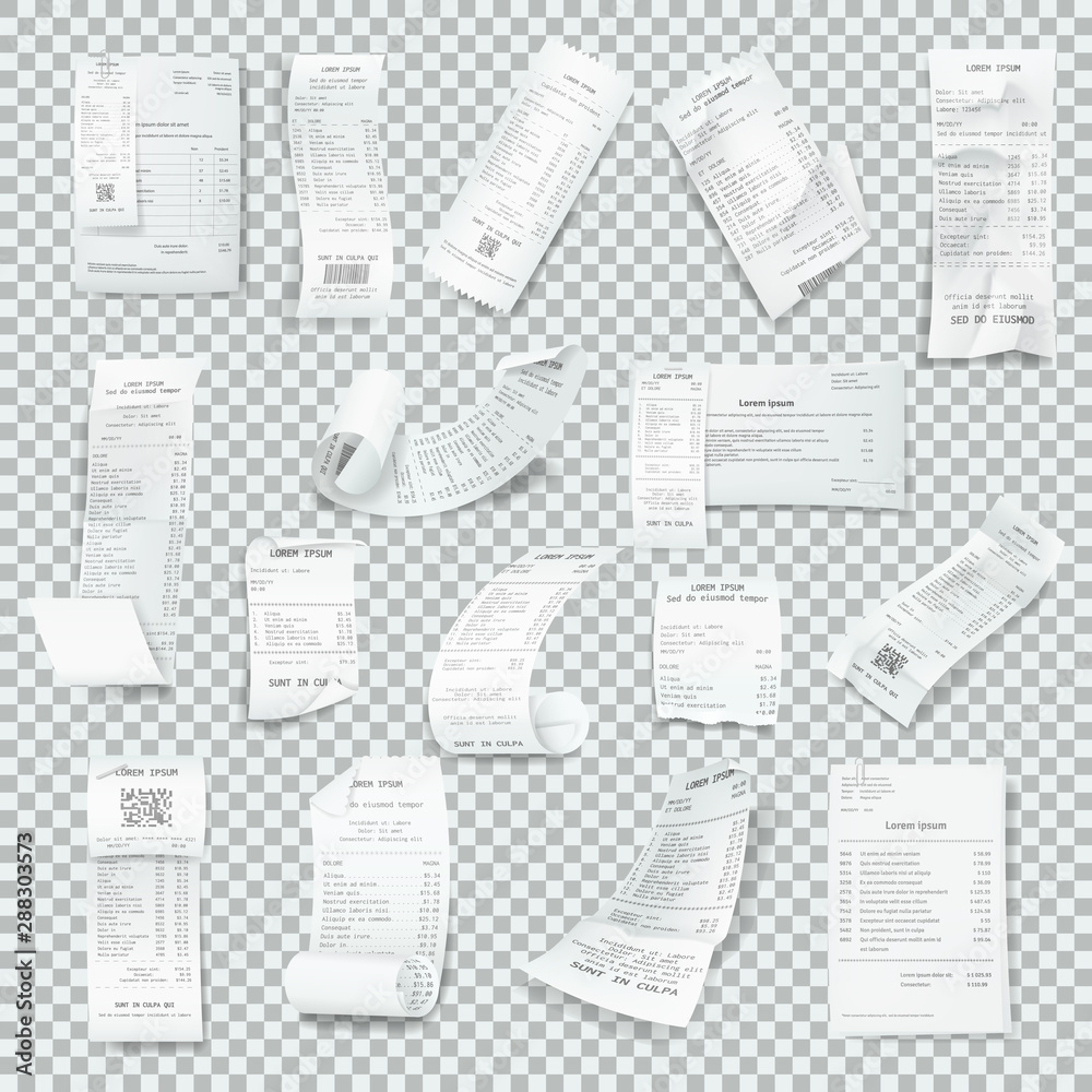 Rumpled realistic receipt set. Paper receipts with payment, restaurant ...