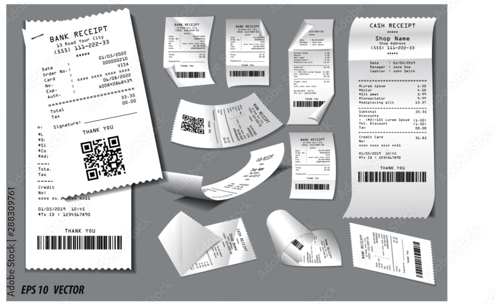 set of register sale receipt or cash receipt printed on white paper ...