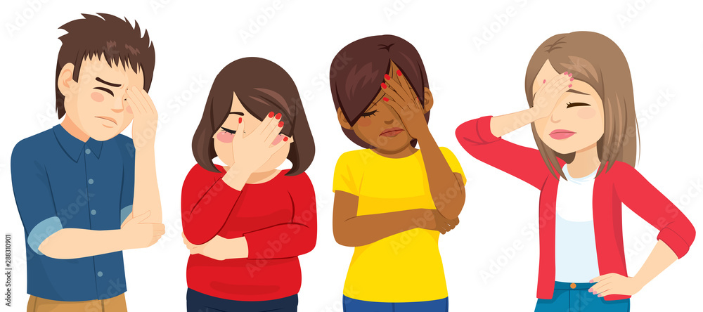 Group of teenager people making face palm gesture in complete ...