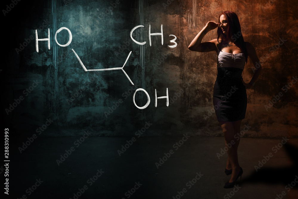 Sexy girl or secretary or female student presenting handdrawn chemical ...