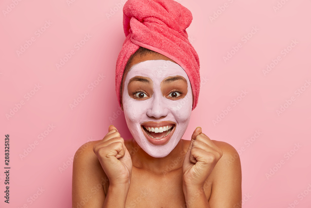 Freshness, shower, self care concept. Overjoyed ethnic lady raises ...