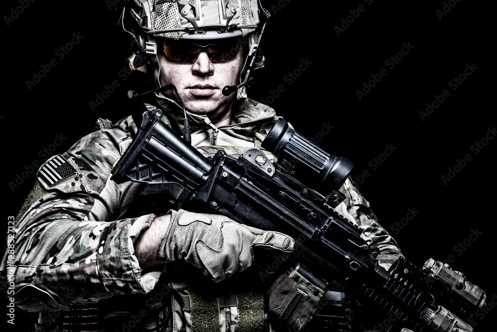 US army soldier with rifle on black background Stock Photo | Adobe Stock