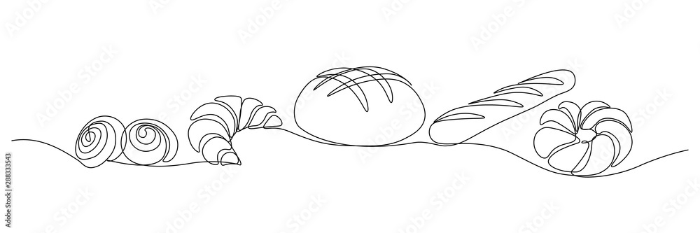 Bakery products in continuous line art drawing style. Black line sketch ...